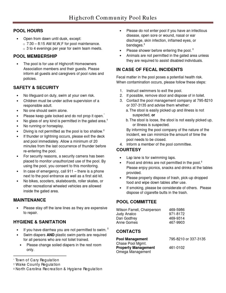 Highcroft Community Pool Rules | PDF | Infection | Wound