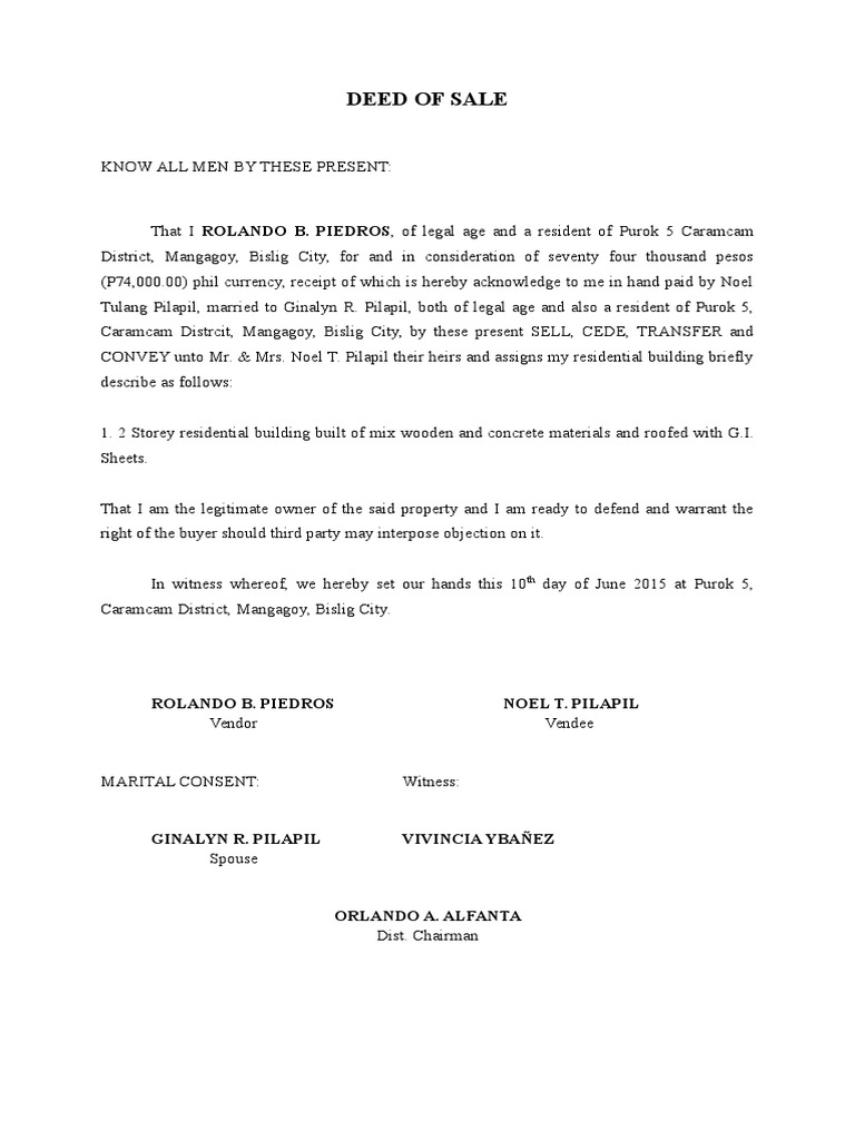 Deed of Sale Sample | PDF