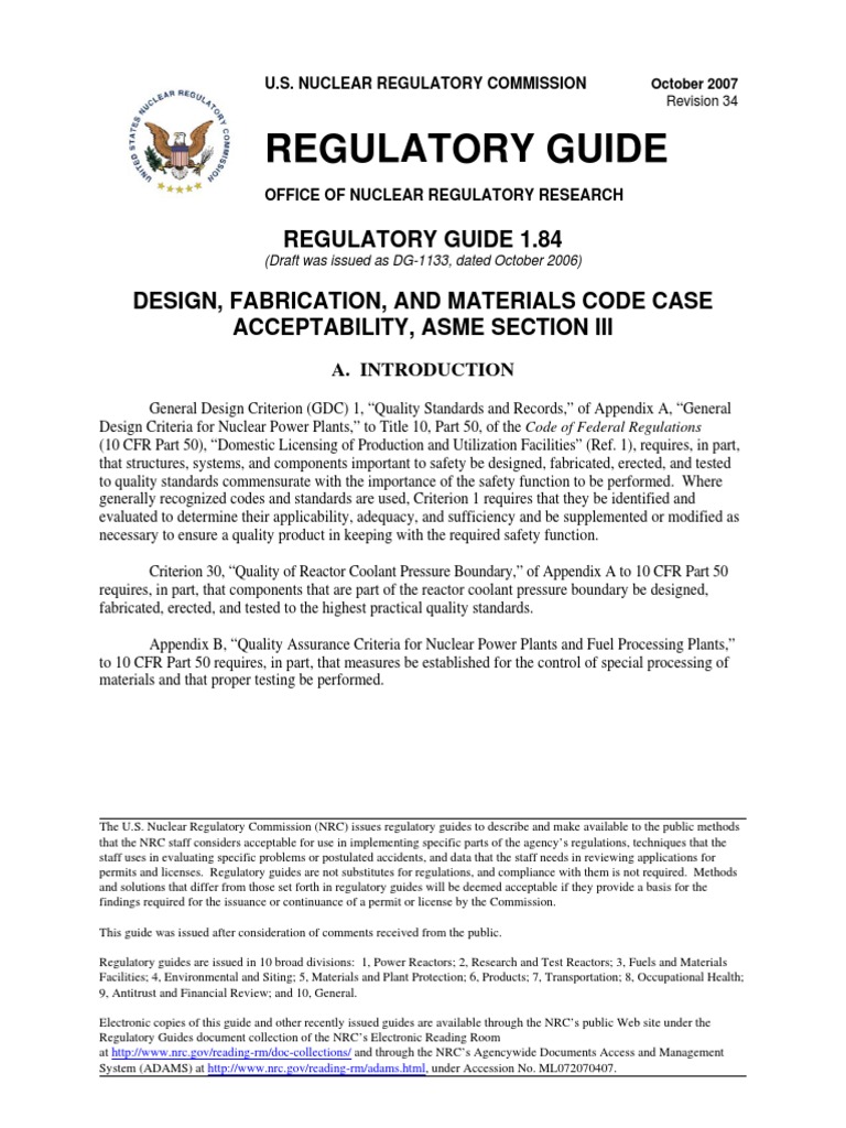NRC Regulatory Guide 1.84 Overview | PDF | Law | Computers