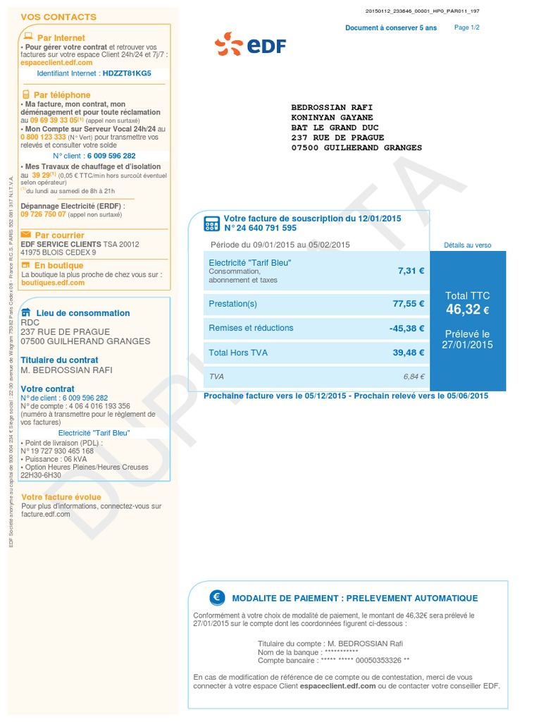 Facture EDF Électricité 2015 | PDF | Taxe sur la valeur ajoutée | Facture