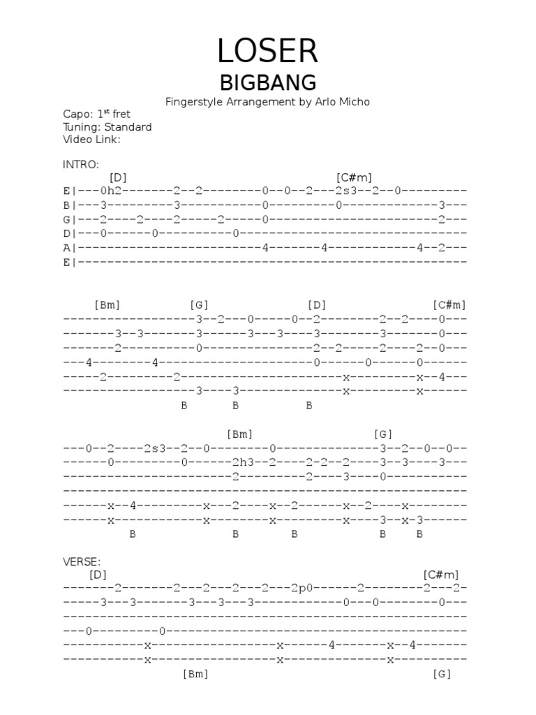 BIGBANG - LOSER Fingerstyle Guitar Tabs | PDF | Musical Techniques ...