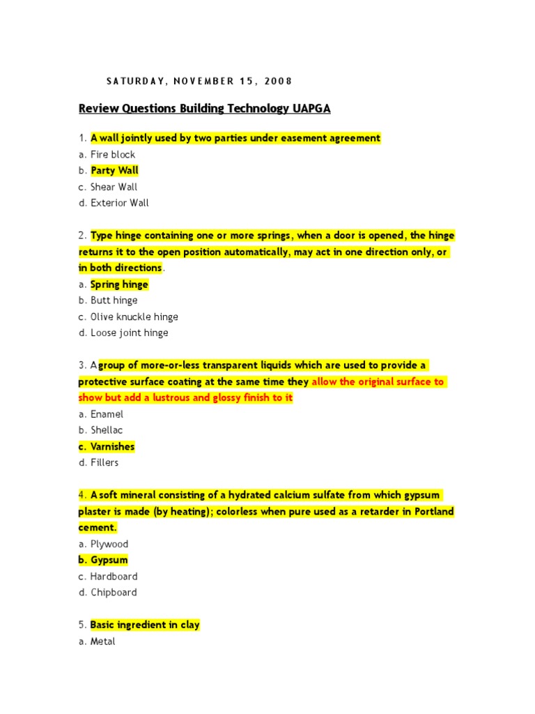 Building Technology Review Questions Answered | PDF | Framing ...