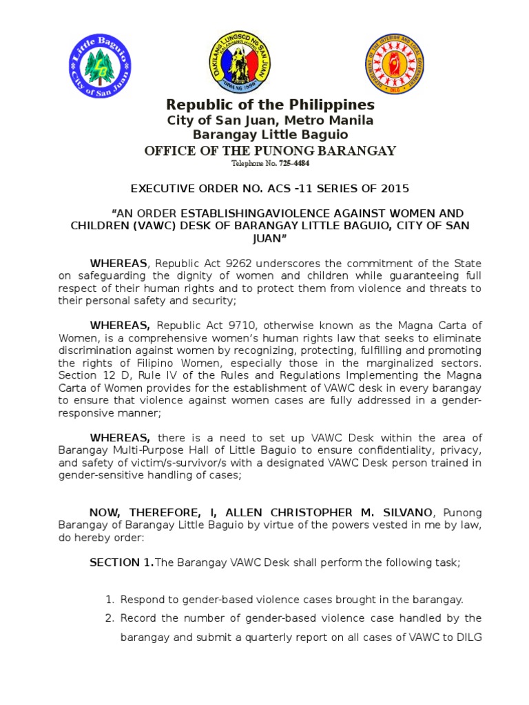 Executive Order 11s 2015 - Vawc Desk | Violence | Rights