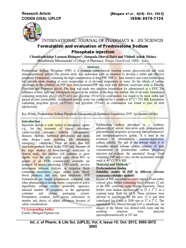 Formulation and Evaluation of Prednisolone Sodium Phosphate Injection ...