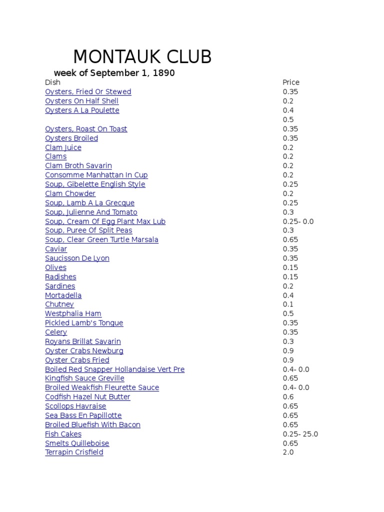 Montauk Club Menu 1890 | PDF