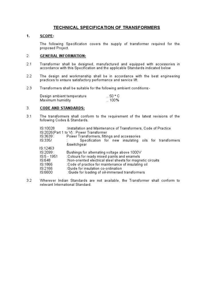 Technical Specification of Transformers | PDF
