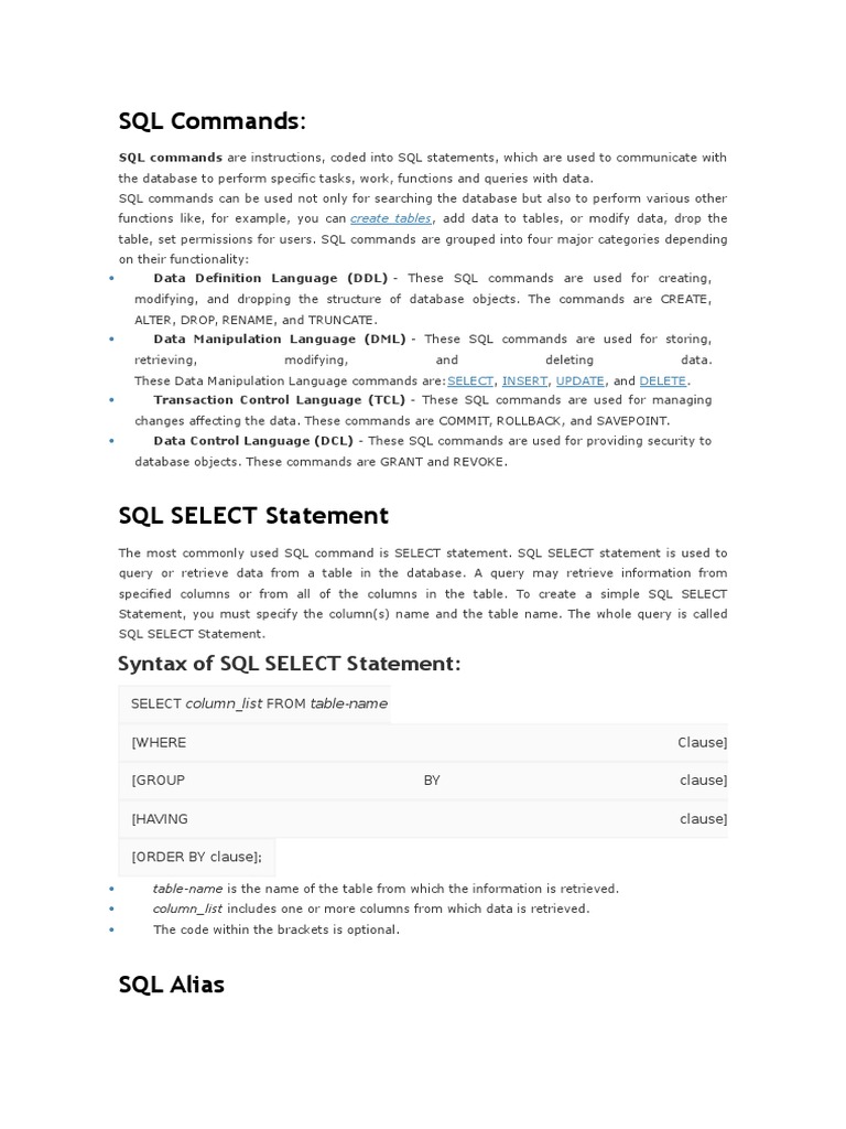 Sql Commands Syntax Of Sql Select Statement Pdf Sql Information Science 0222