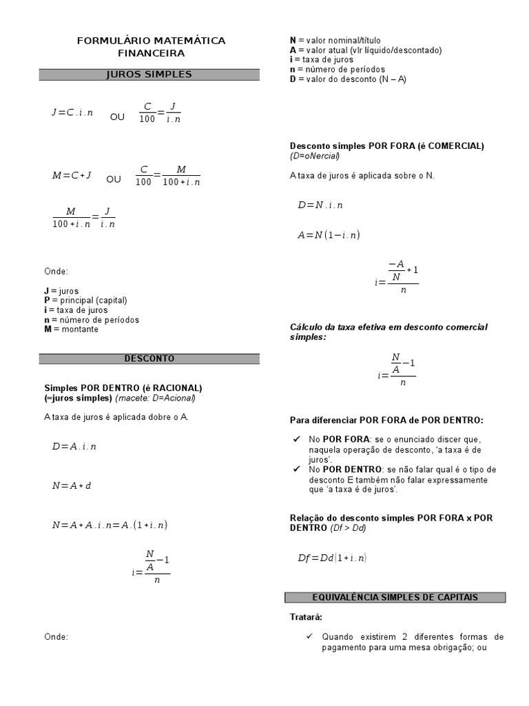 Fórmulas de Matemática Financeira | PDF | Desconto | Juros