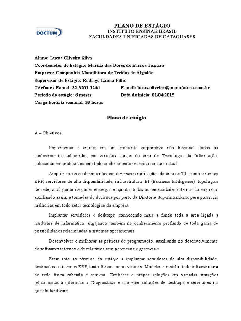 Exemplo Plano de Estágio | PDF | Planejamento de recursos empresariais ...