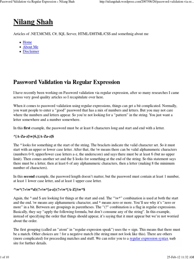 Password Validation Via Regular Expression Nilang Shah Pdf Regular 4283