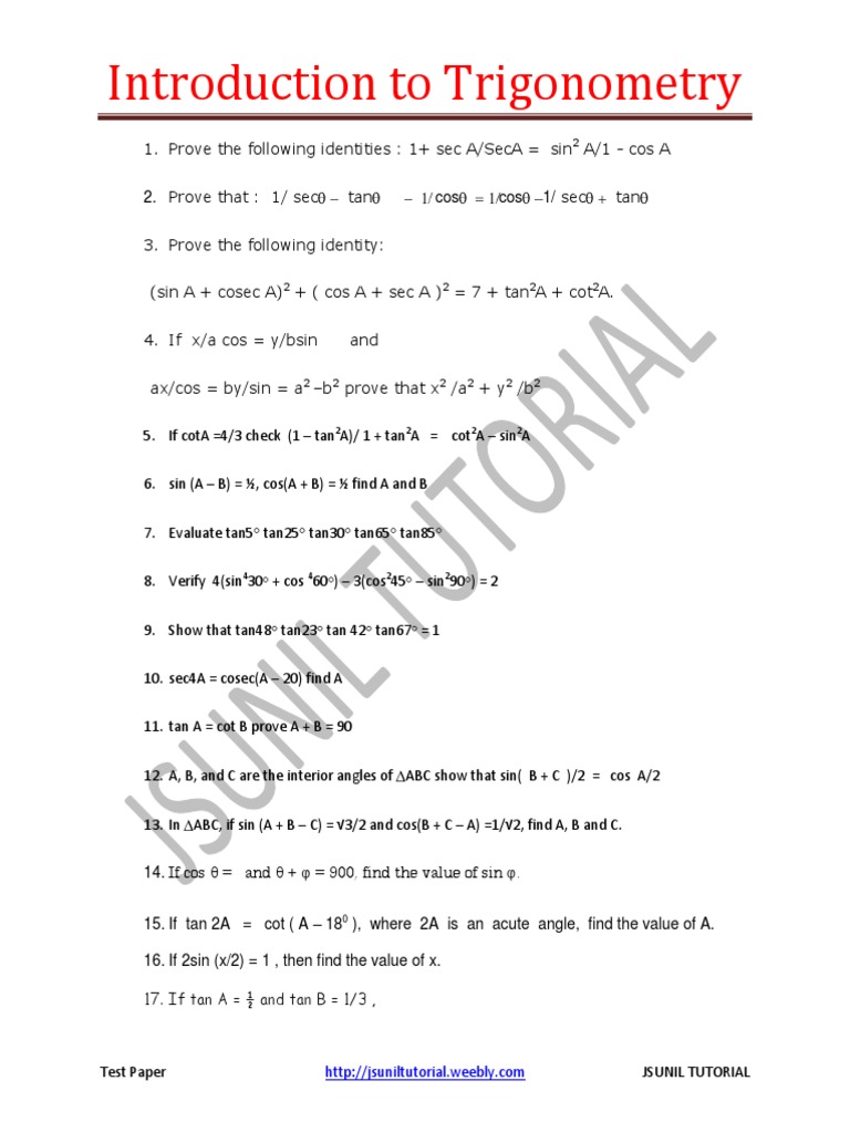 10th Introduction To Trigonometry Test Paper. | PDF | Trigonometric ...
