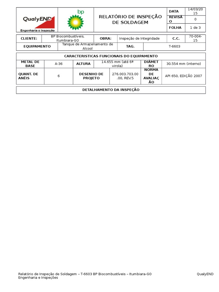 Relatório de Insp. de Solda (Teto X Costado) BP Biocombustíveis Itumbiara-GO | PDF