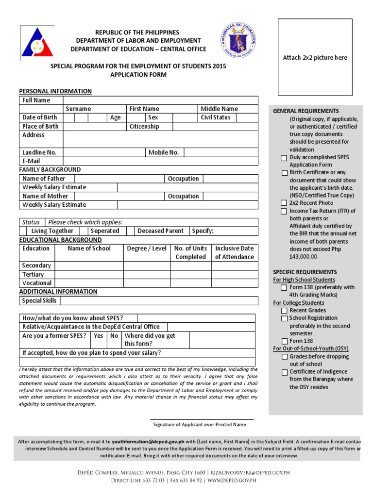 SPES 2015 Application Form | PDF | Birth Certificate | Social Institutions