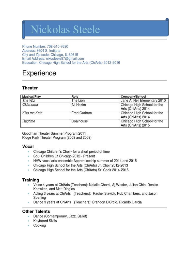 Nickolas Steele: Theater & Vocal Resume | PDF | Language Arts & Discipline