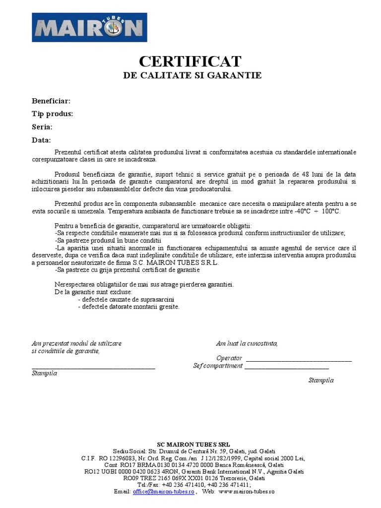 Certificat de Garantie - Model | PDF