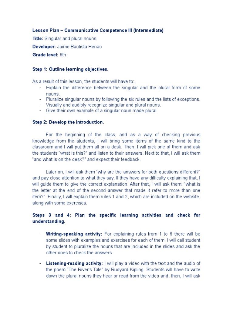 Singular vs Plural Nouns Lesson Plan | PDF | Grammatical Number ...