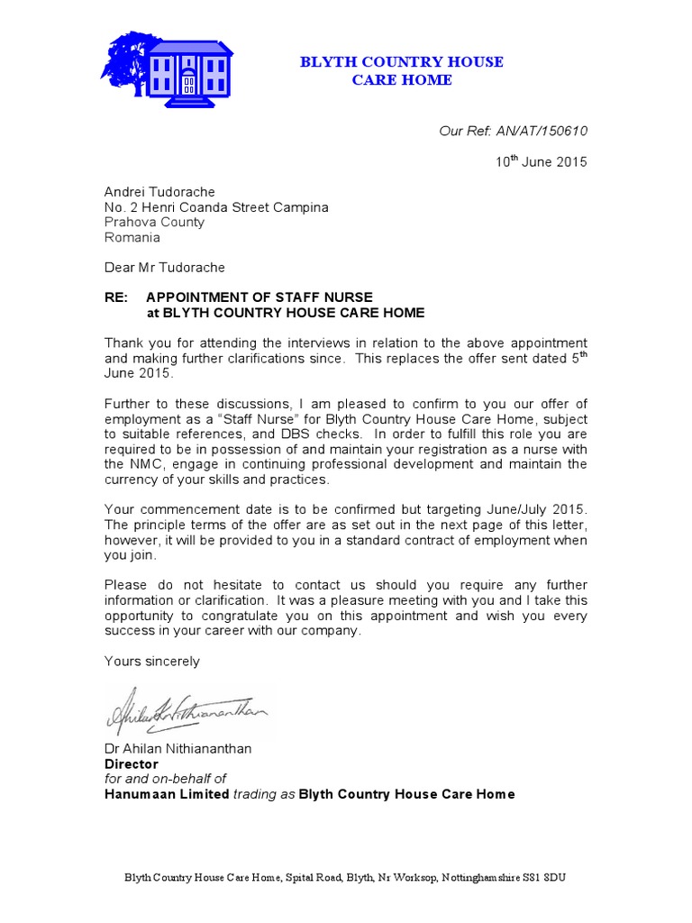 Offer Letter ATudorache 150610 | PDF | Nursing Home Care | Sick Leave