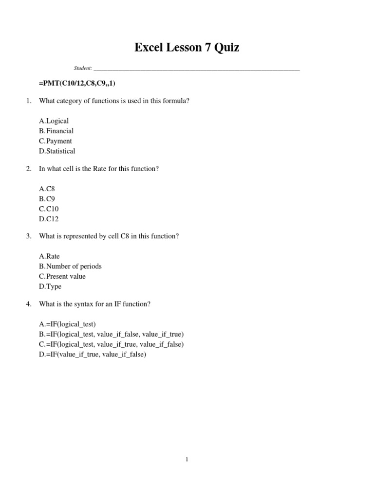 Excel 2007 Lesson 7 Quiz | PDF | Microsoft Excel | Areas Of Computer Science