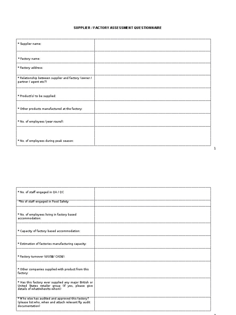 Factory Assessment Questionnaire Template | PDF | Specification ...