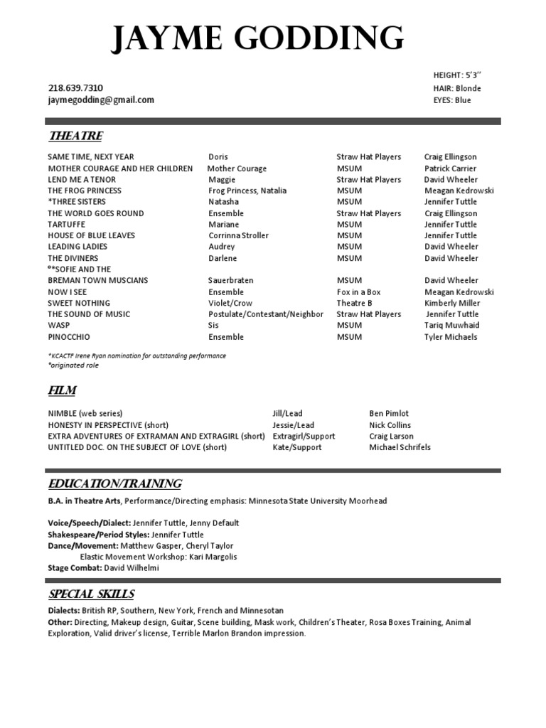 Jayme Godding-Actor Resume | PDF | Mystery, Thriller & Crime Fiction | Poetry