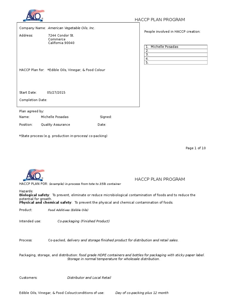 HACCP Plan Template | Hazard Analysis And Critical Control Points ...