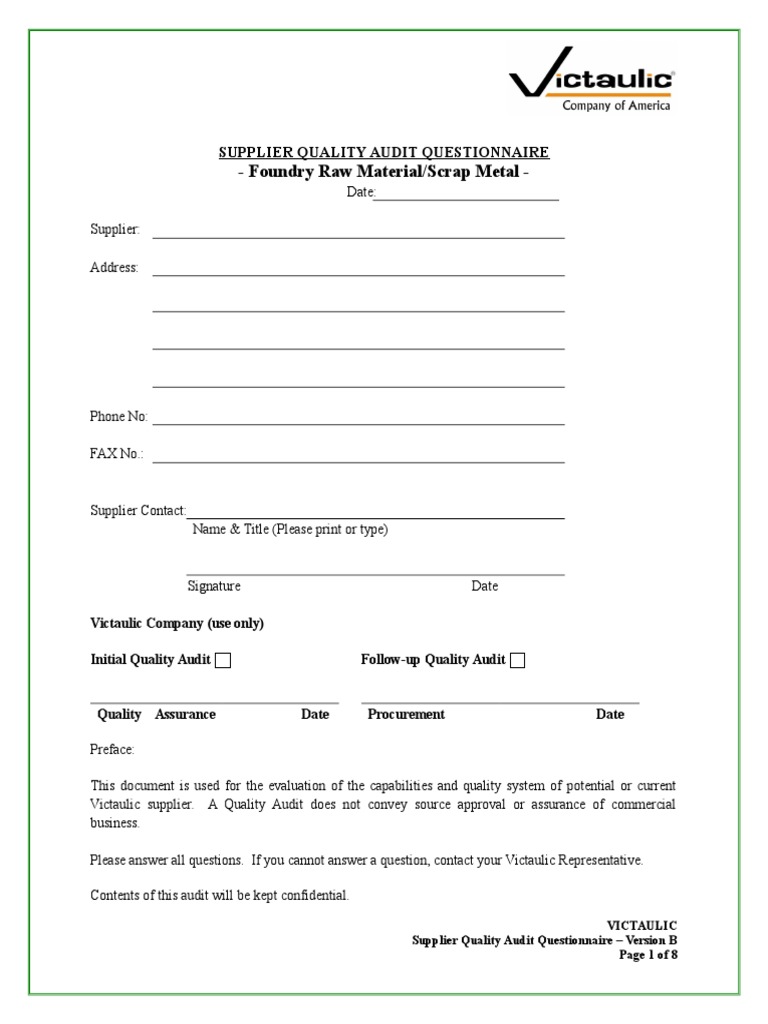 Questionnaire For Foundry Raw Material or Scrap Metal | PDF | Iso 9000 ...