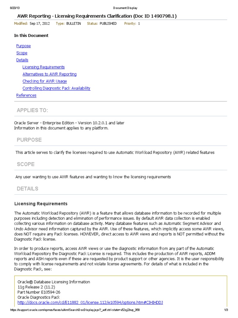 AWR Reporting - Licensing Requirements Clarification | PDF | Oracle ...