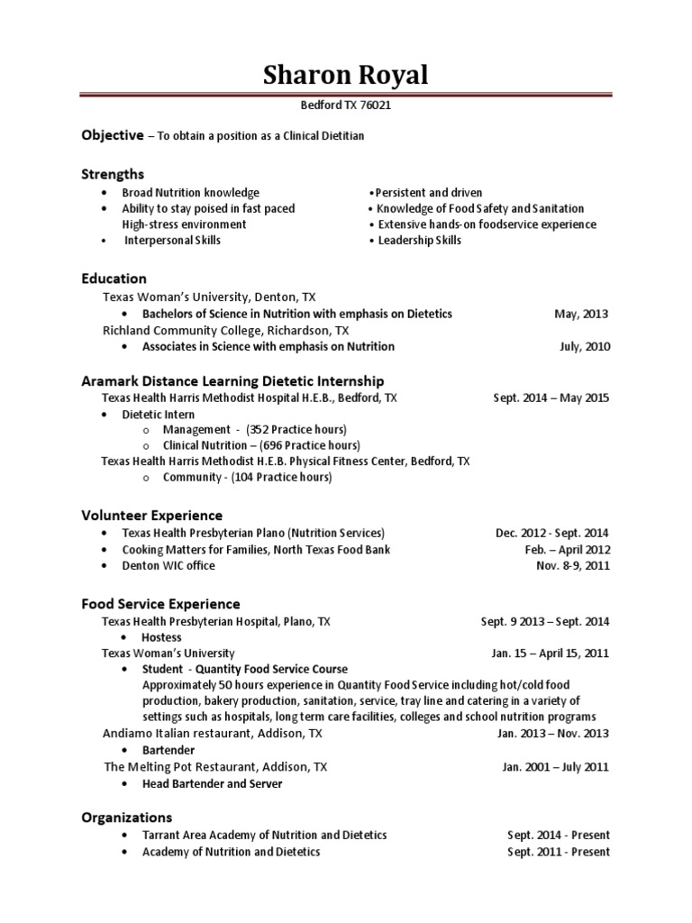 Clinical Dietitian Resume for Sharon Royal | PDF | Career & Growth
