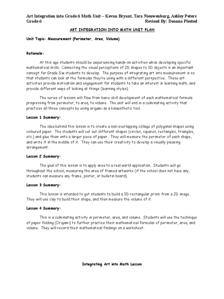 Unit Plan - Math Grade 6 Revised | PDF | Origami | Shape