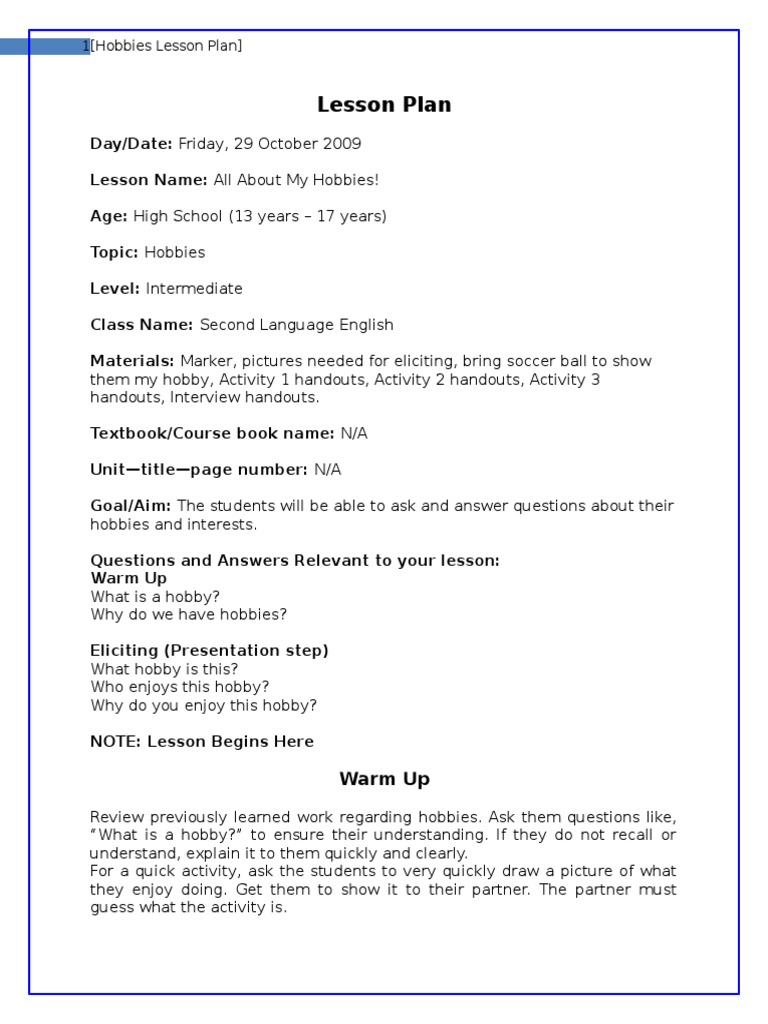 Exploring Hobbies: A Lesson Plan for Teaching Students to Ask and ...