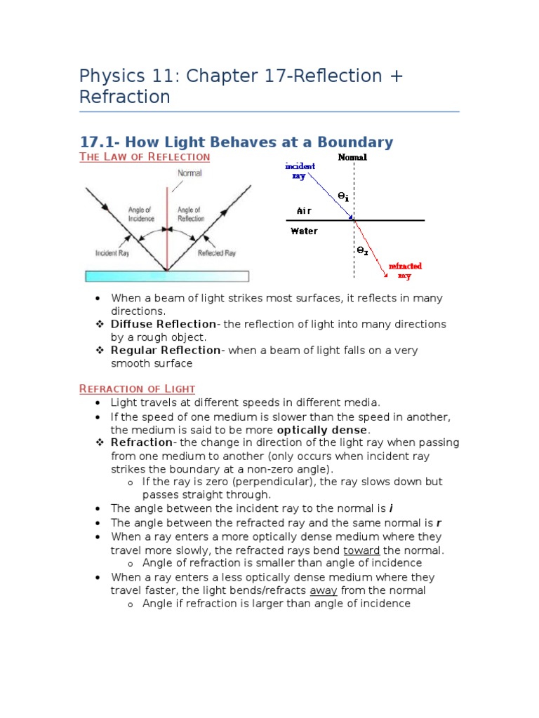 Physics 11: Chapter 17: Reflection and Refraction | PDF | Refraction ...