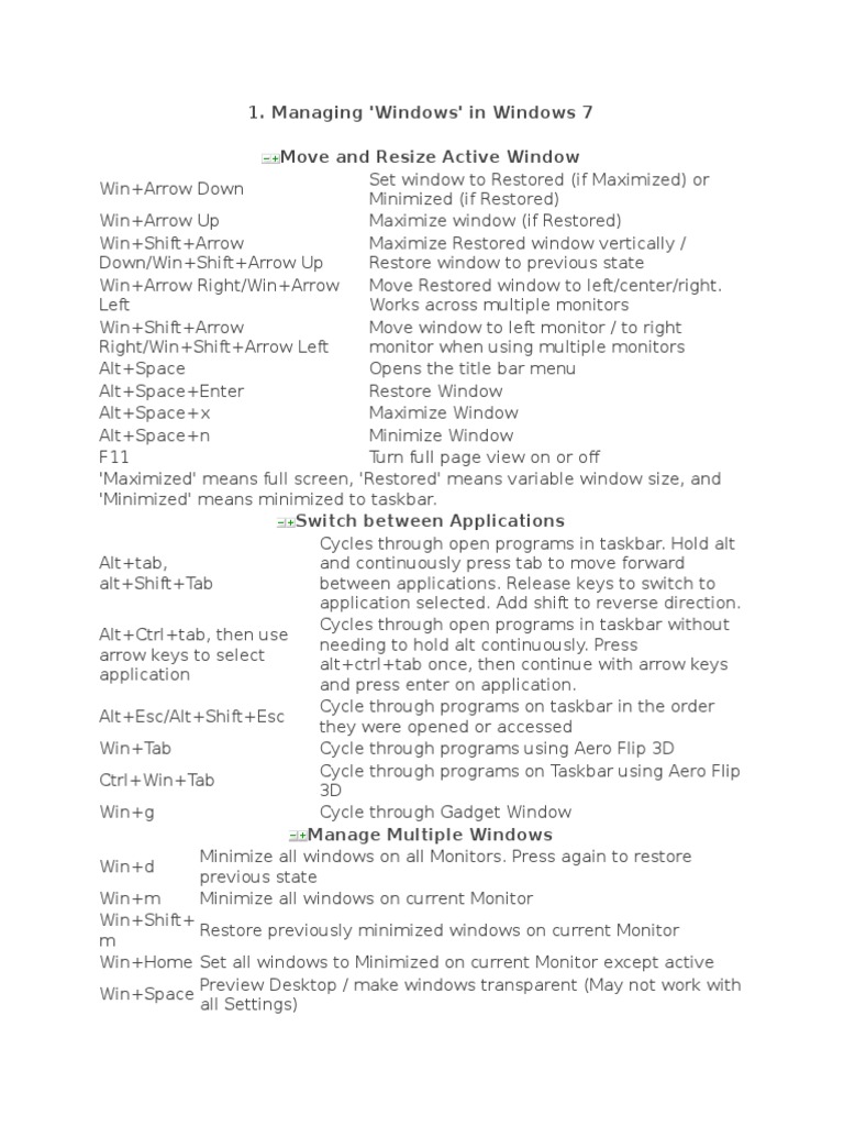 Managing 'Windows' in Windows 7 Move and Resize Active Window | PDF ...