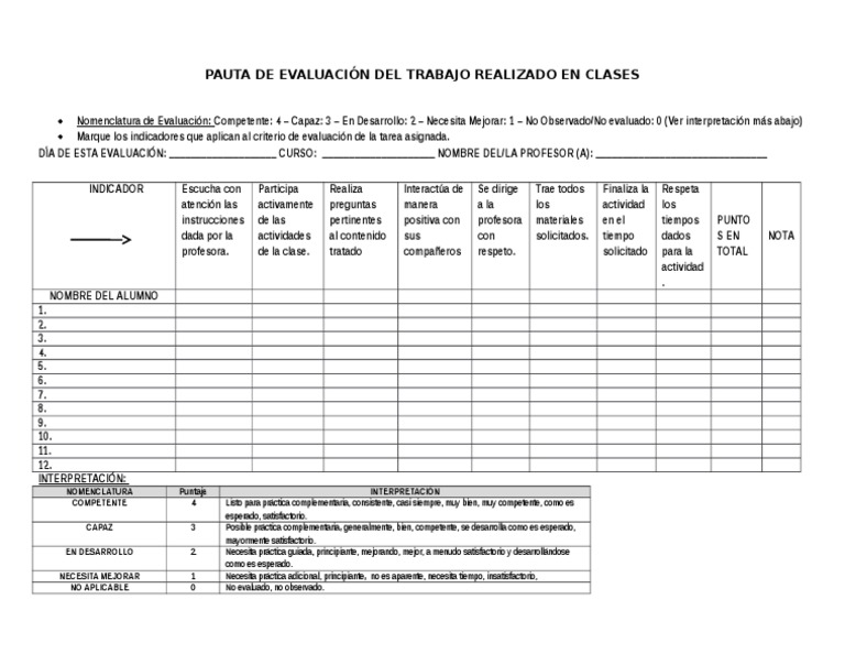 Pauta De Evaluación Del Trabajo Realizado En Clases