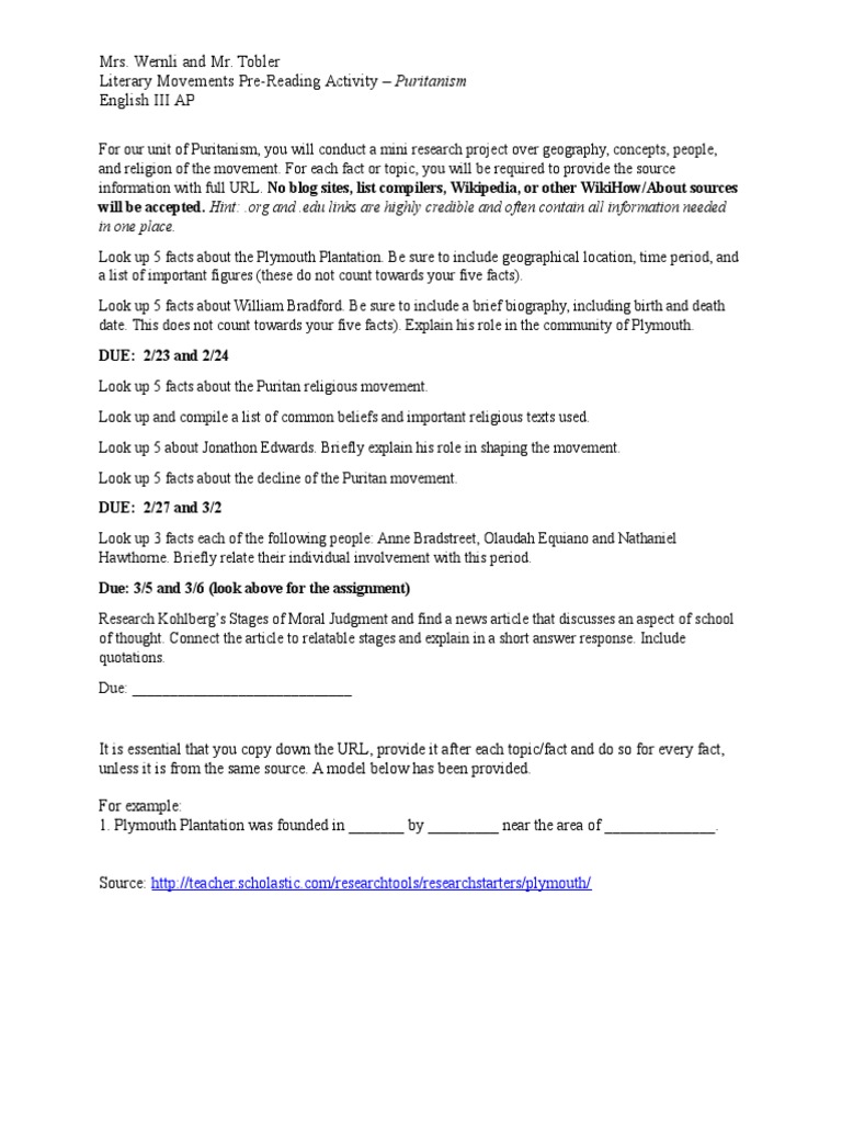Puritan Pre Reading Activity 4 | PDF