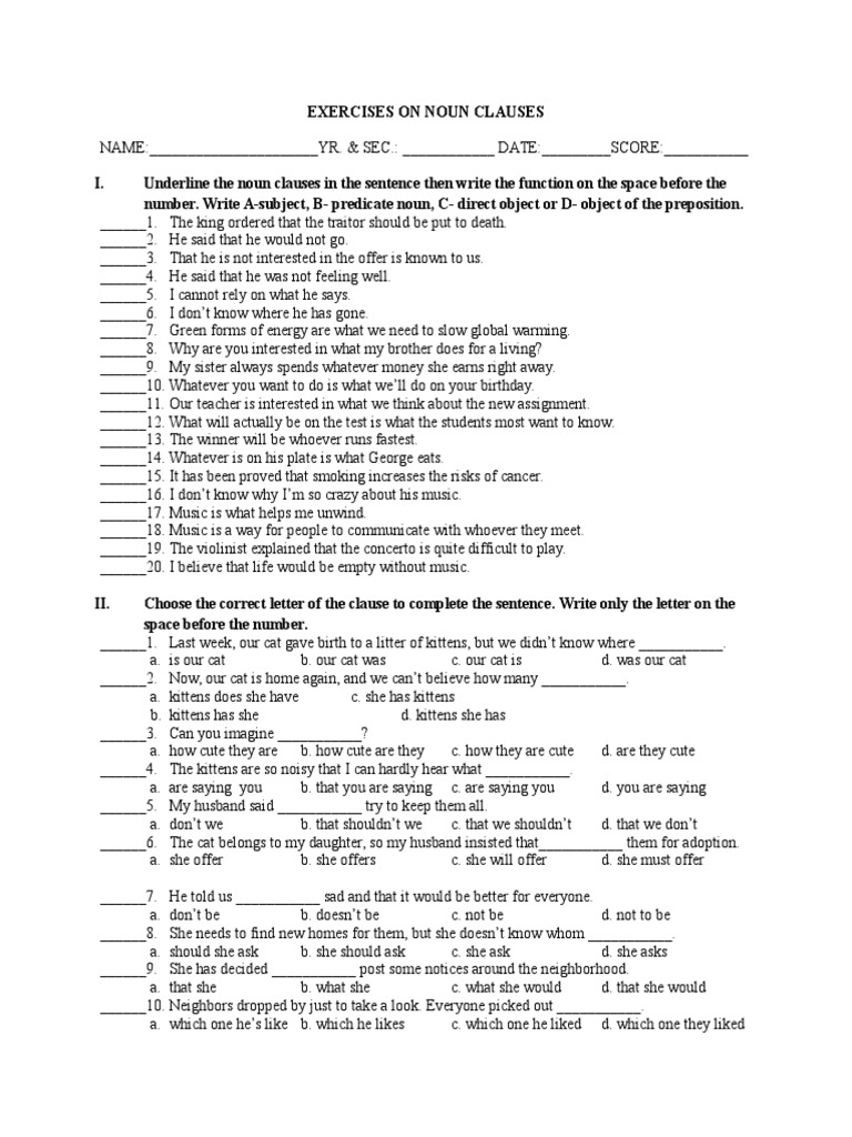 Exercises On Noun Clauses | PDF | Clause | Sentence (Linguistics)