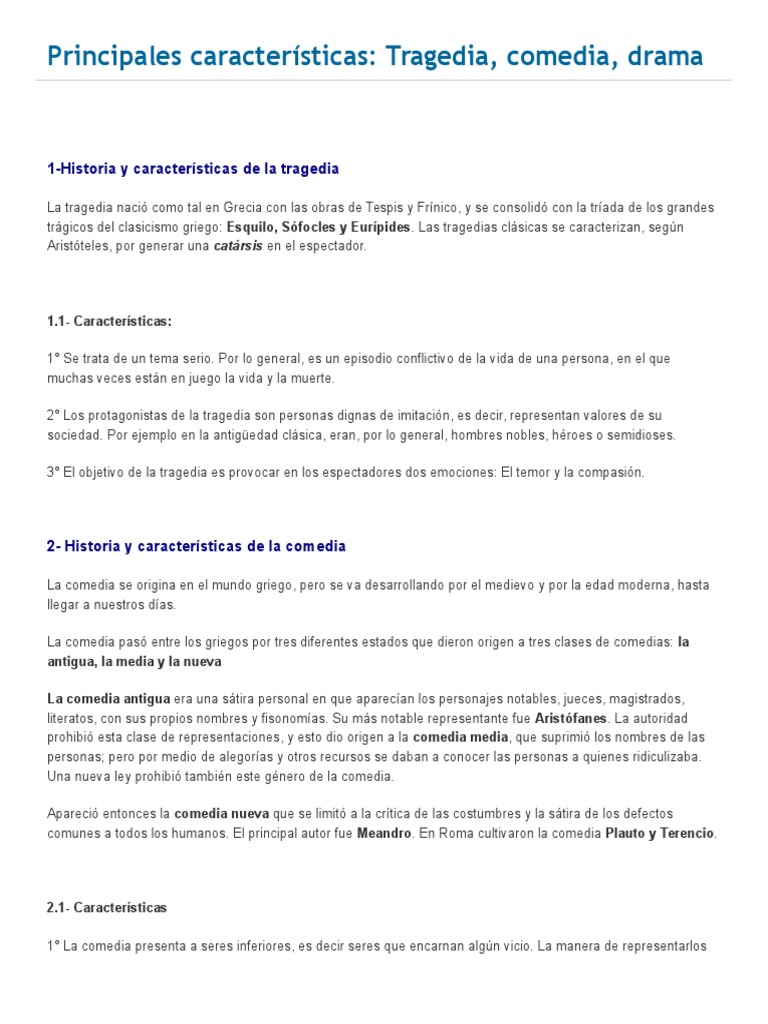 Principales Características Subgeneros Dramaticos | PDF | Comedia ...