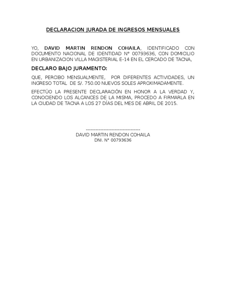 Declaracion Jurada de Ingresos Mensuales | PDF