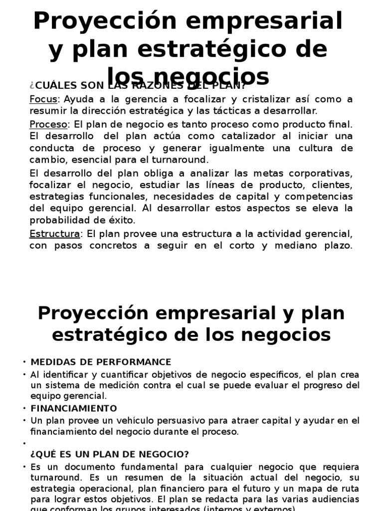 Proyección Empresarial y Plan Estratégico de Los Negocios | PDF | Plan ...