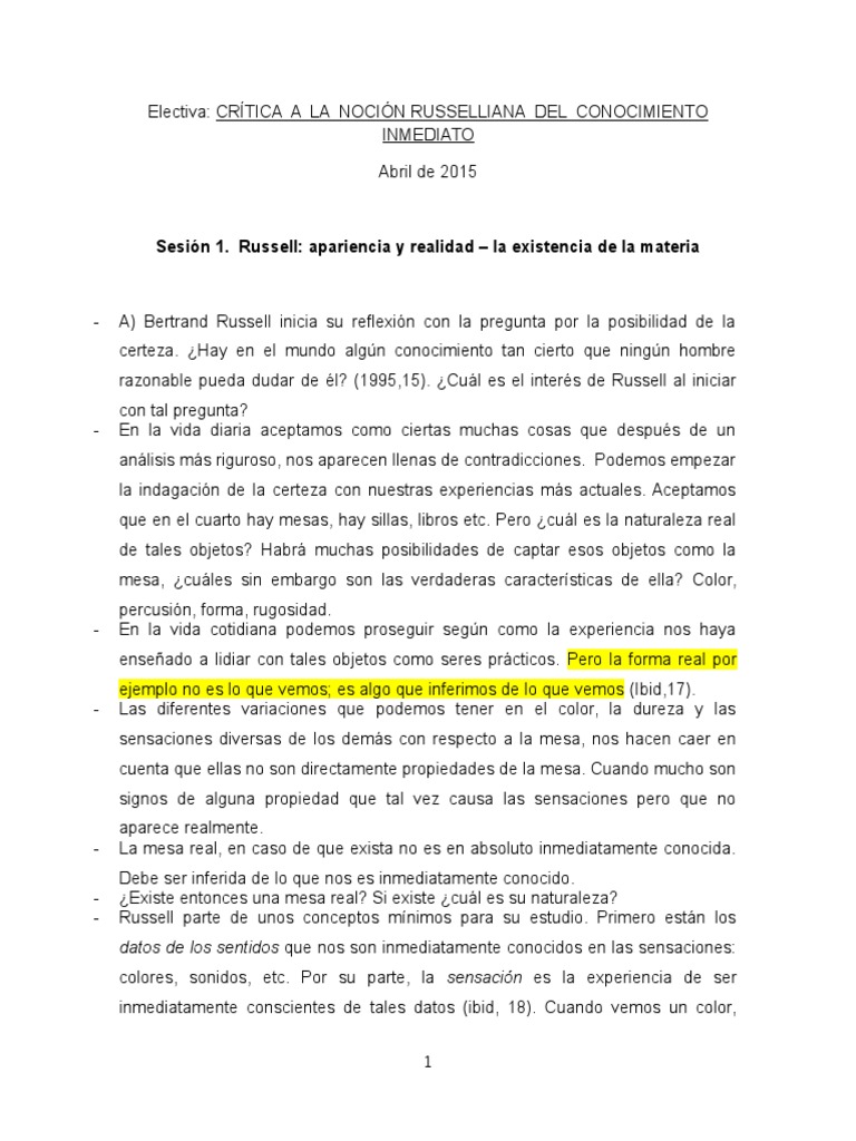 Russell y El Conocimiento Directo | PDF | Bertrand Russell | Existencia