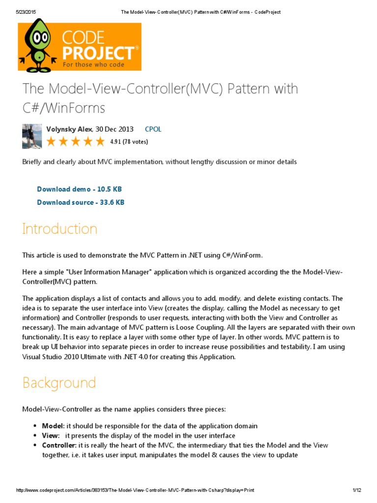 The Model View Controller Mvc Pattern With C Winforms