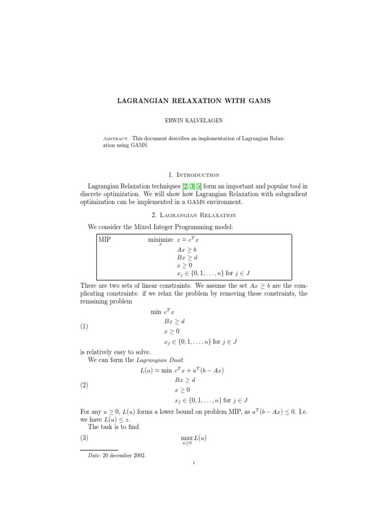 Lagrangian Relaxation With Gams PDF | PDF | Linear Programming | Mathematical Optimization