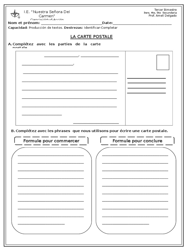 Modèle de carte postale à compléter | PDF