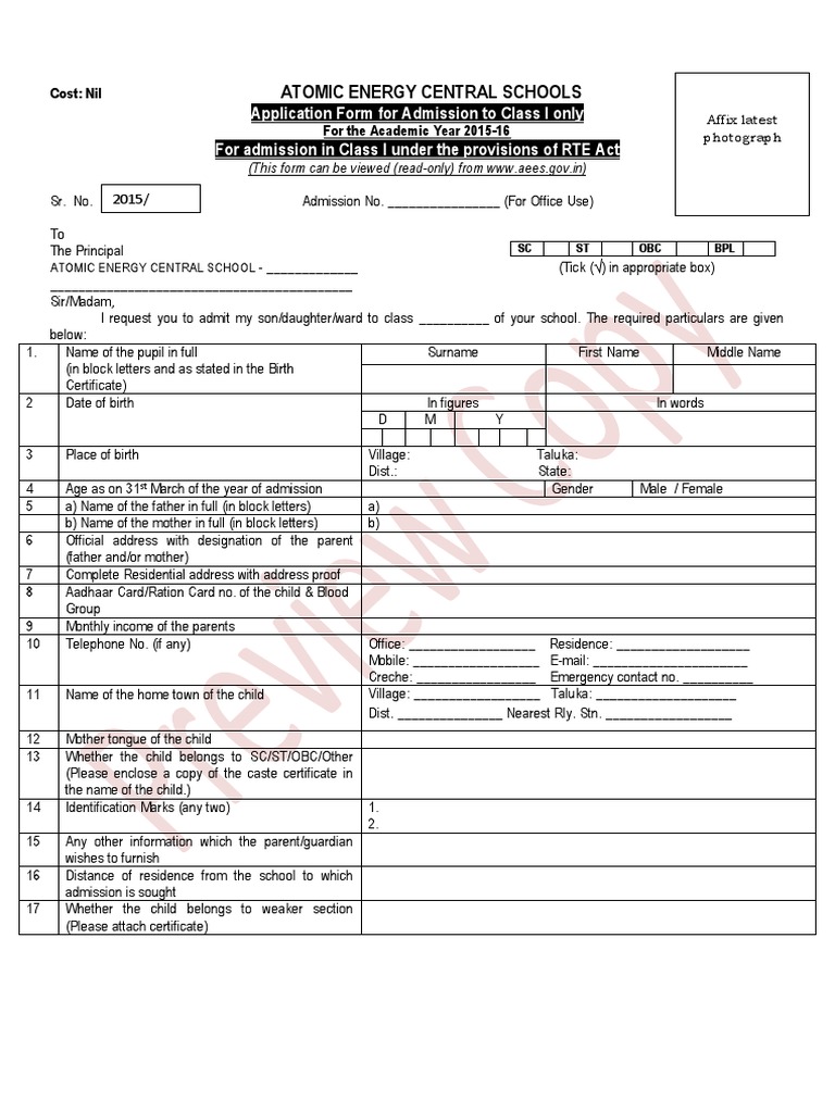 Application Forms For RTE Admissions in Class I in AEES 2015-16 | PDF ...