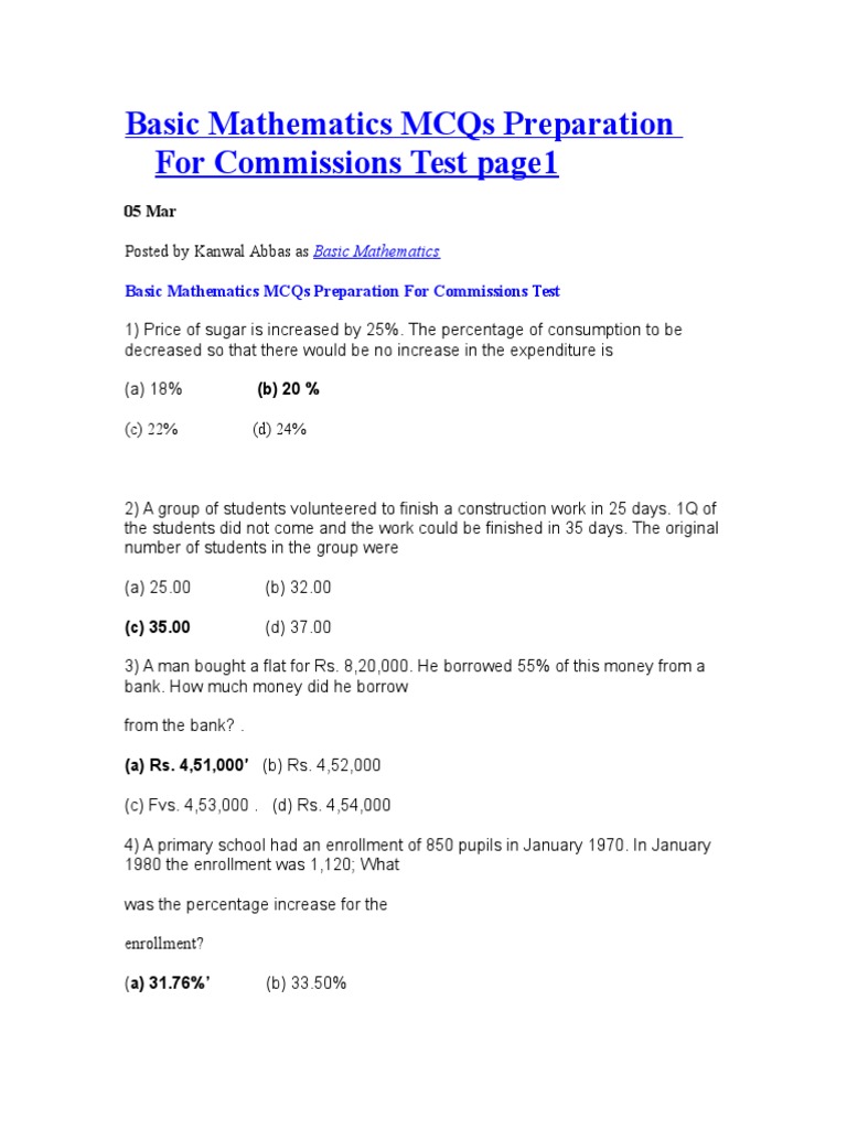 Basic Mathematics MCQs Preparation For Commissions Test Page1 | PDF ...