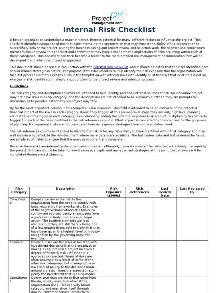 Internal Risks Checklist | Risk | Risk Management
