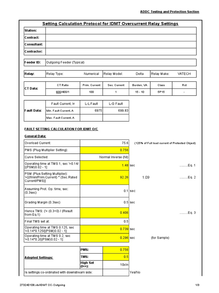 Setting Calculation Protocol For IDMT Over Current Relay | PDF ... Setting Calculation Protocol For IDMT Over Current Relay | PDF ...