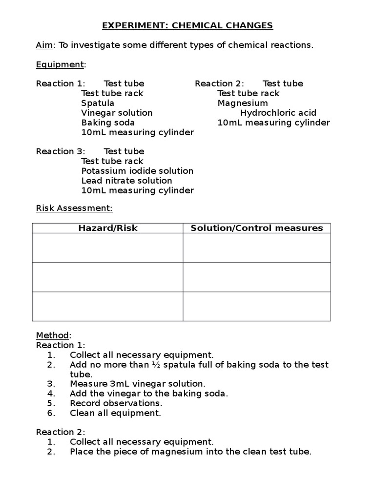 Chemical Reactions Experiment Guide | PDF