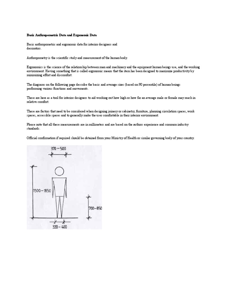 Basic Anthropometric Data and Ergonomic Data | PDF | Anthropometry ...