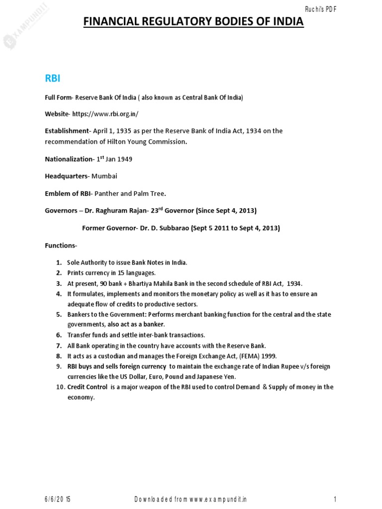 Overview of India's Financial Regulators | PDF | Reserve Bank Of India ...