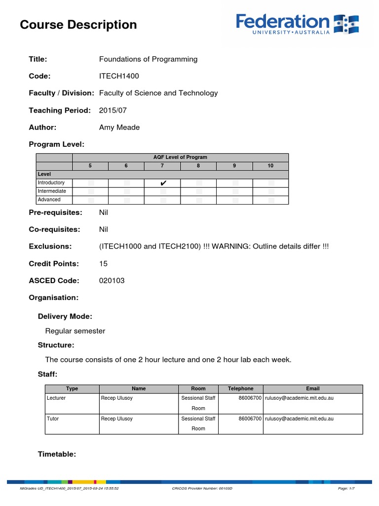 Itech1400-Foundations of Programming | PDF | Method (Computer ...